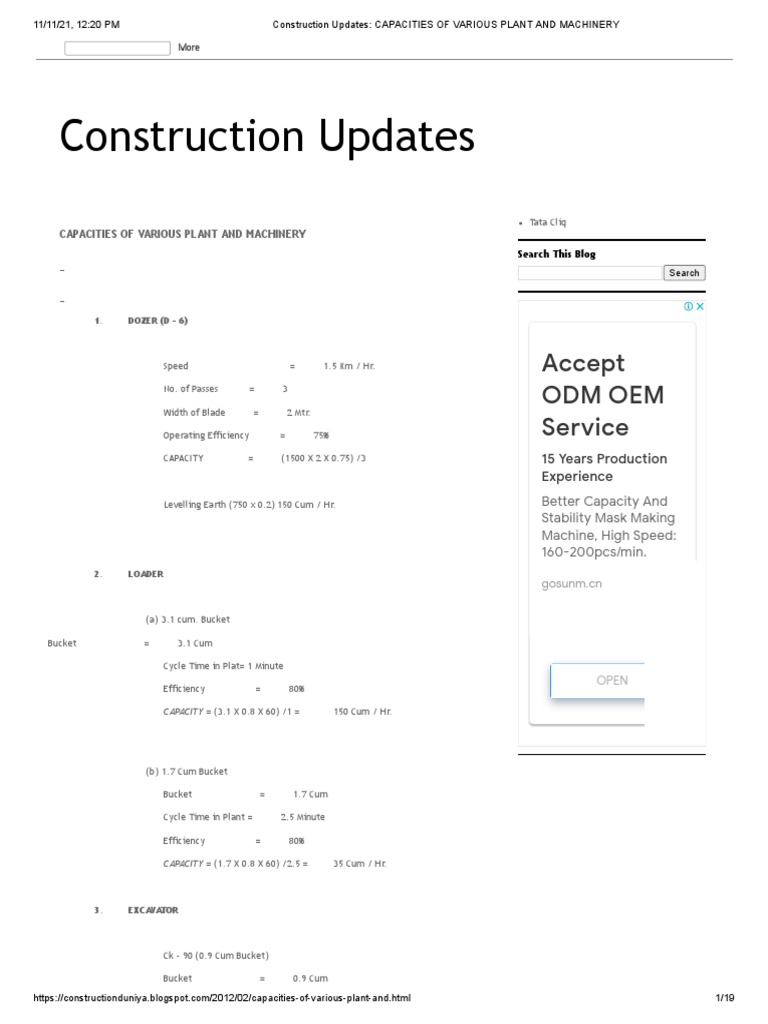 Construction Updates - Capacities of Various Plant and Machinery | PDF ...