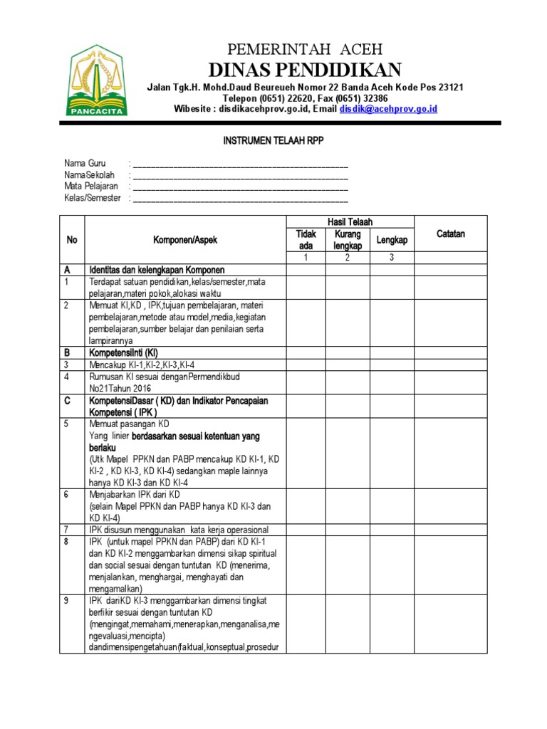 Instrumen Telaah RPP | PDF