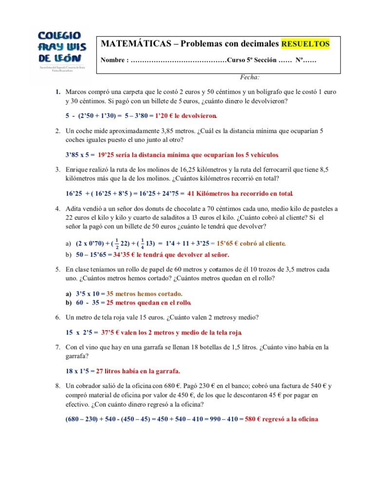 Problemas decimales RESUELTOS
