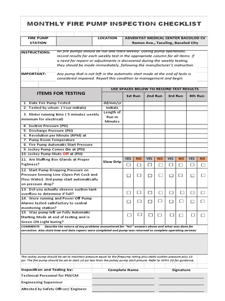 Monthly Fire Pump Testing Form | PDF | Pump | Pressure