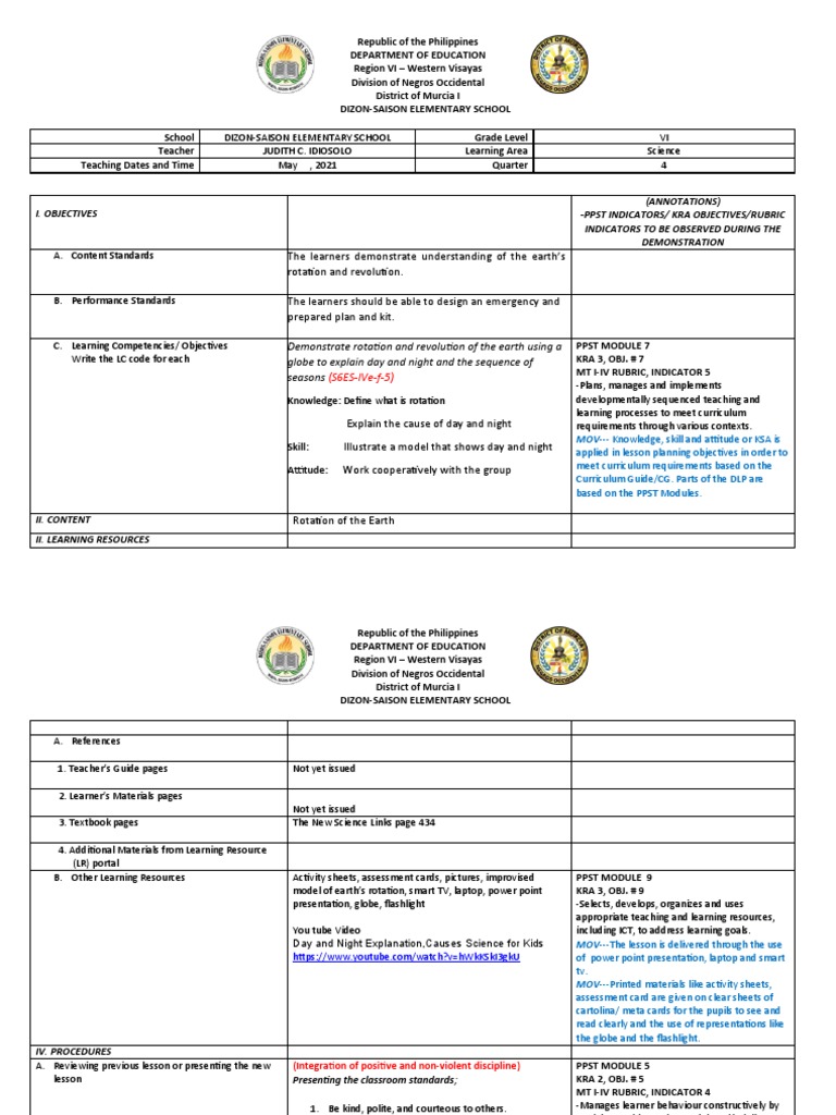 Cot - DLP - Science 6 - Earth's Rotation by Master Teacher Eva M ...