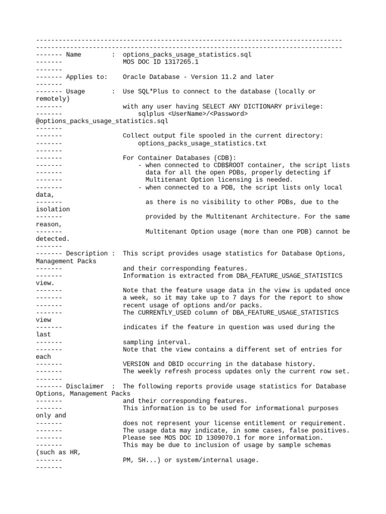 Oracle DB Usage Stats Script | PDF | Protein Data Bank | Databases