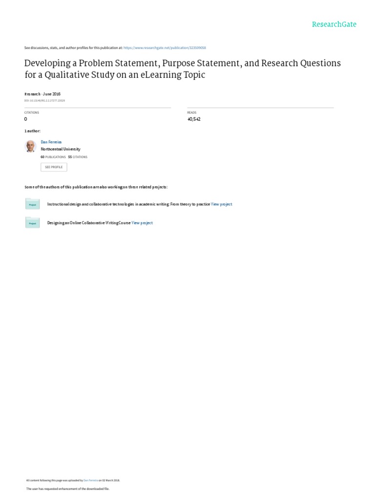 Developing A Problem Statement, Purpose Statement, and Research ...