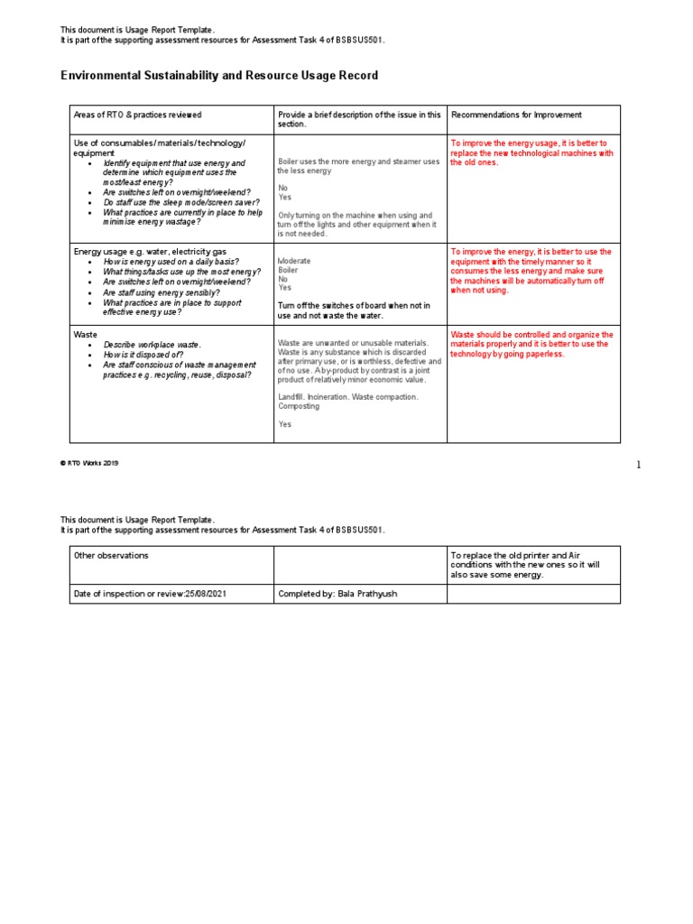 AT2 1 6-Environmental Usage Record Template | PDF | Waste | Waste ...