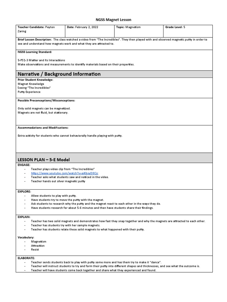 5e Lesson Plan - Magnet | PDF | Teachers | Lesson Plan
