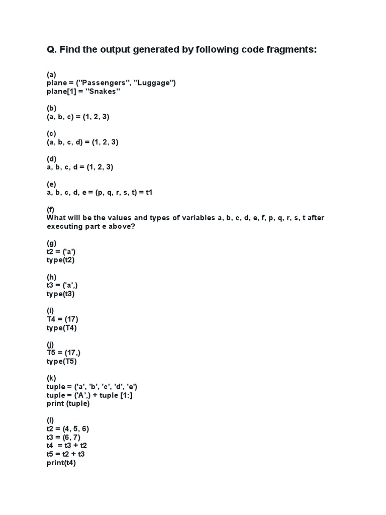 Q. Find The Output Generated by Following Code Fragments | PDF ...