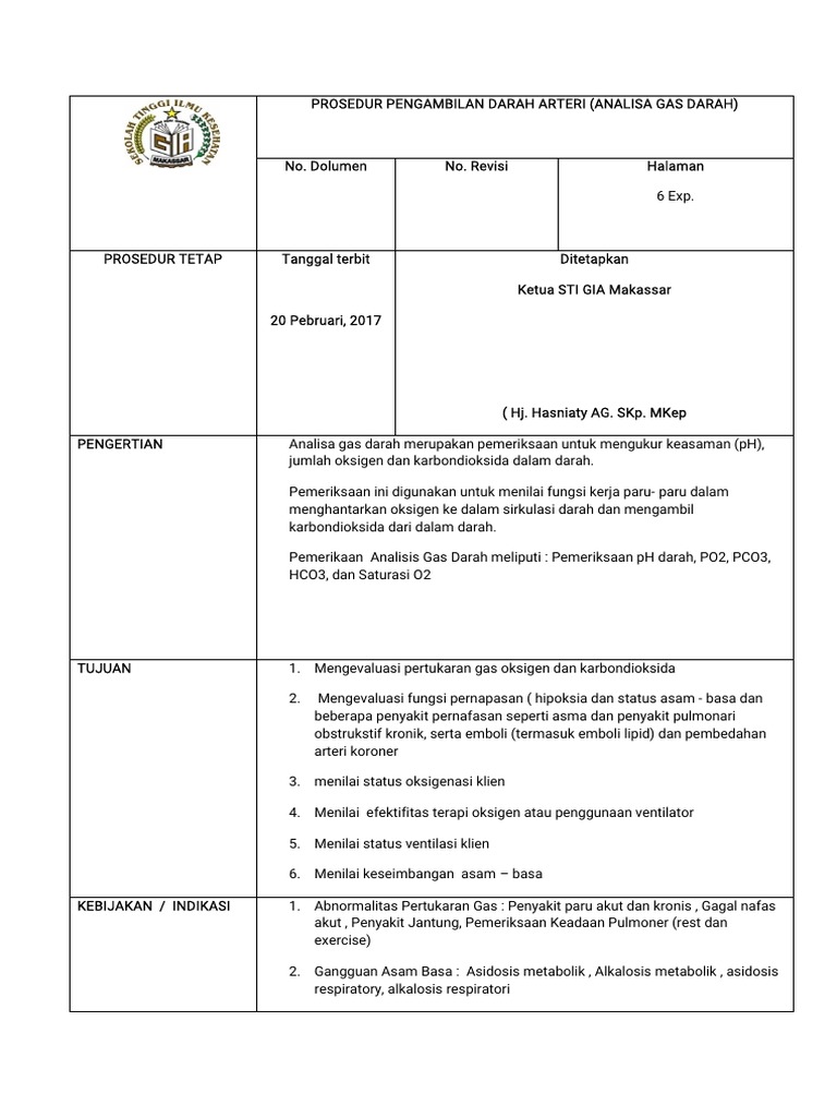 Sop Dan Daftar Tilik Analisa Gas Darah (Agd) | PDF