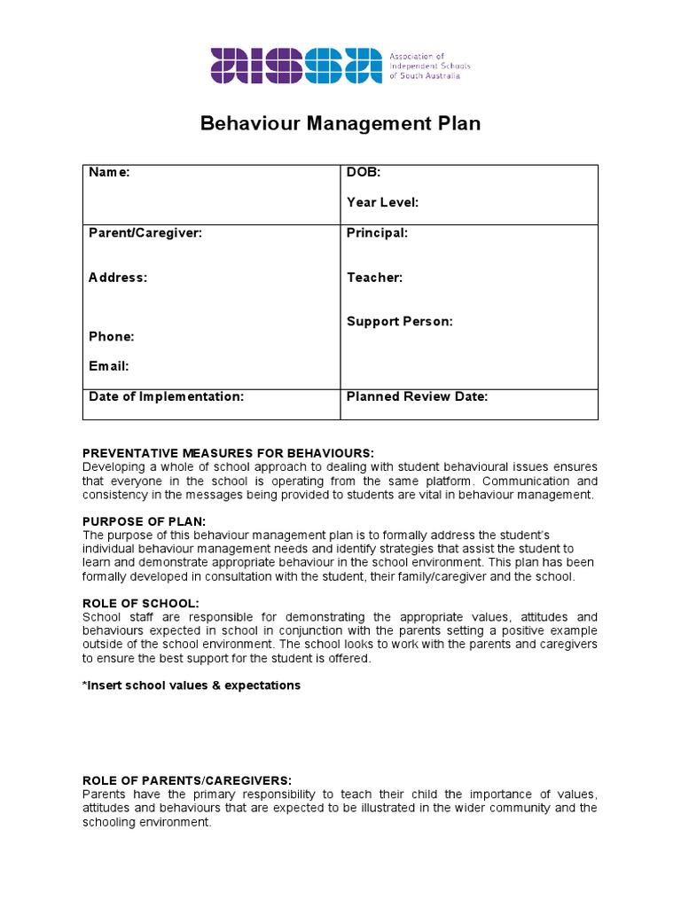 Behaviour Management Plan Template Final | PDF | Behavior | Teachers