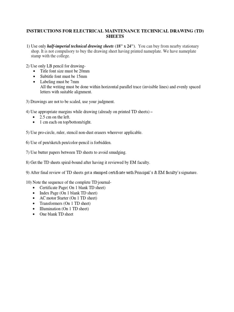 Instructions For Electrical Maintenance Technical Drawing (TD) Sheets ...