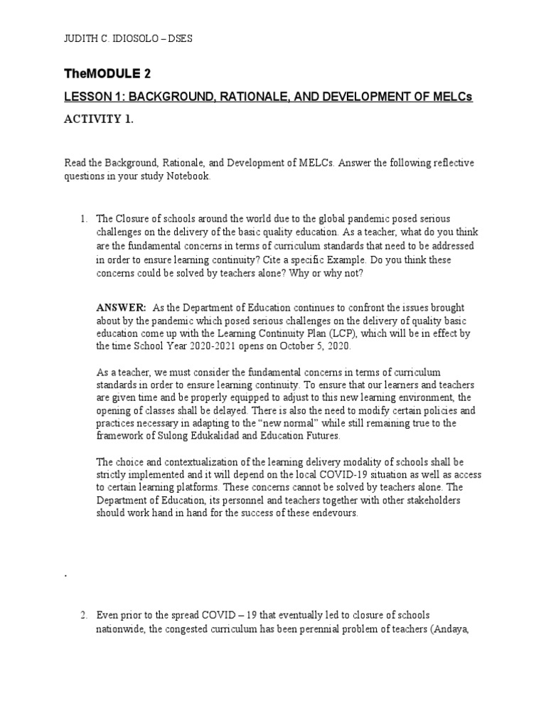 Themodule 2: Lesson 1: Background, Rationale, and Development of Melcs ...