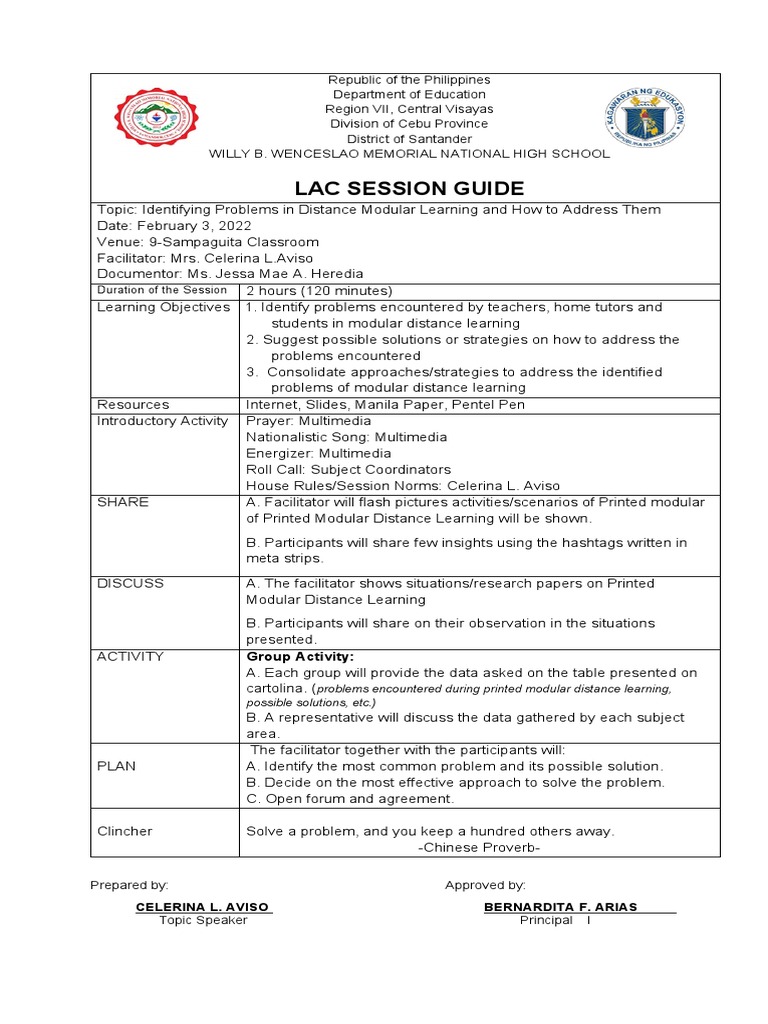 Lac Session Guide: Duration of The Session | PDF | Learning | Distance ...