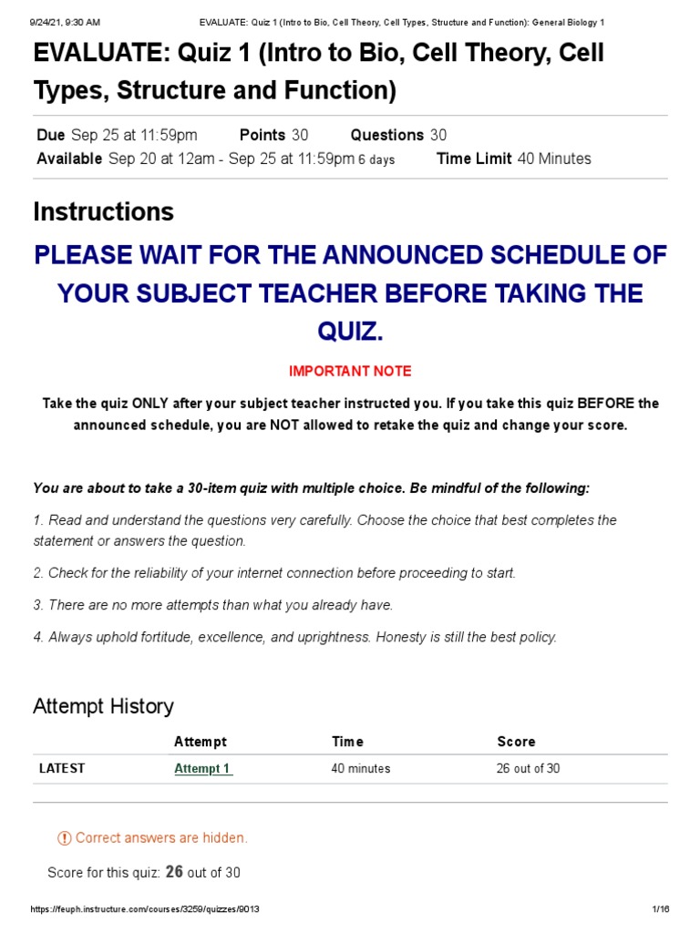 EVALUATE - Quiz 1 (Intro To Bio, Cell Theory, Cell Types, Structure and ...