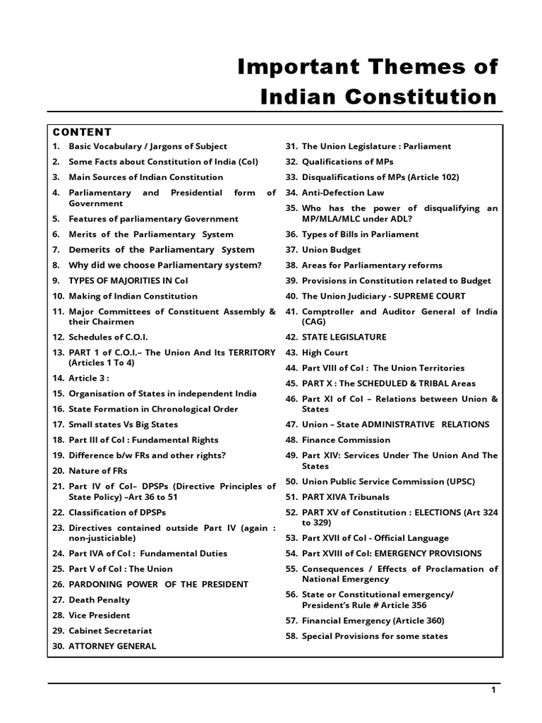 Important Themes of Indian Constitution | PDF | Pardon | Government Of ...