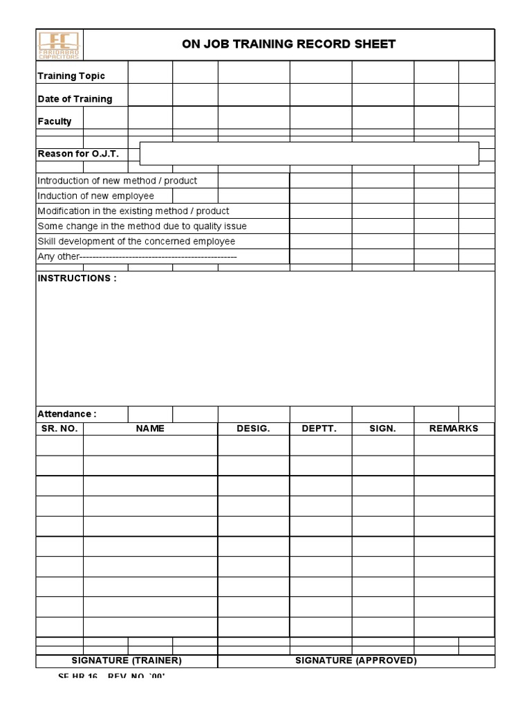 On Job Training Record Sheet Template | PDF | Business | Technology ...