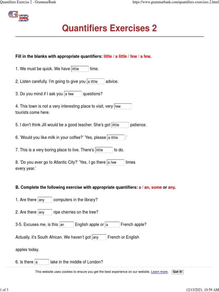 Quantifiers Exercise 2 - GrammarBank-09 | PDF