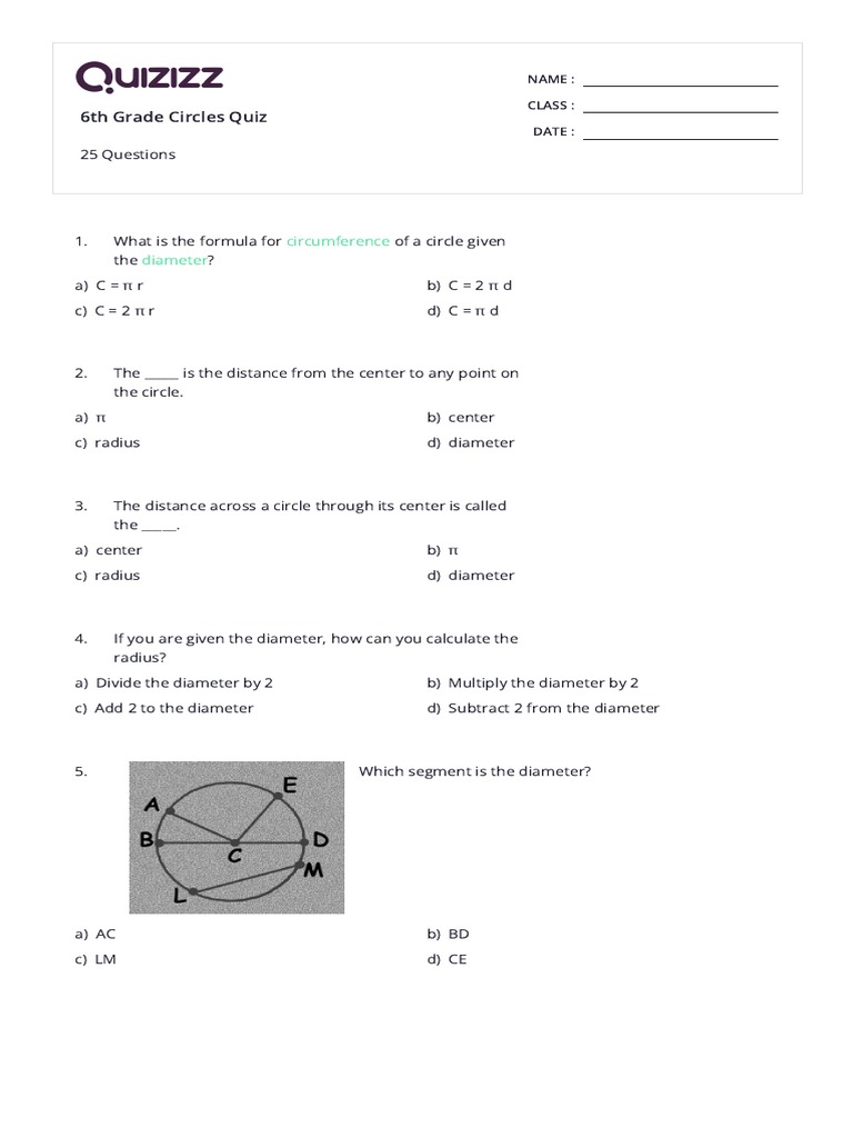 6th Grade Circles Quiz: 25 Questions to Test Understanding of Circle ...