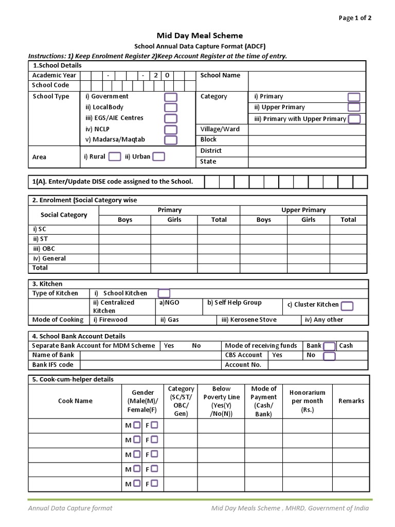 Mid Day Meal Scheme: Instructions: 1) Keep Enrolment Register 2) Keep ...