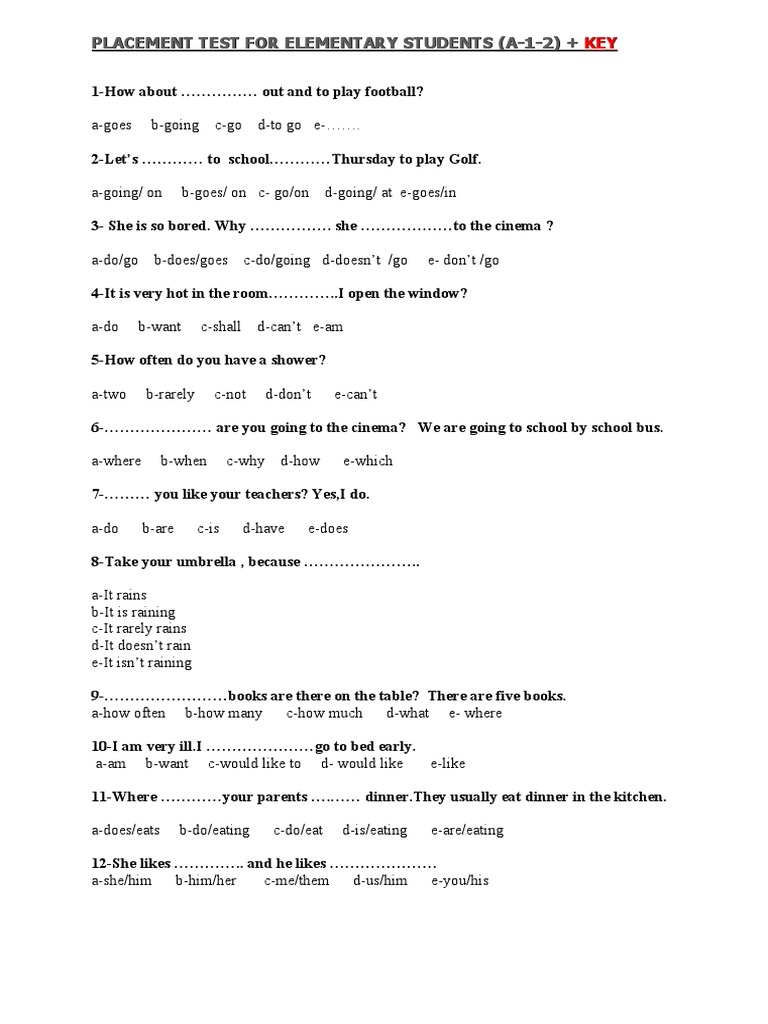 Elementary Level English Placement Test with Answer Key | PDF | Food ...
