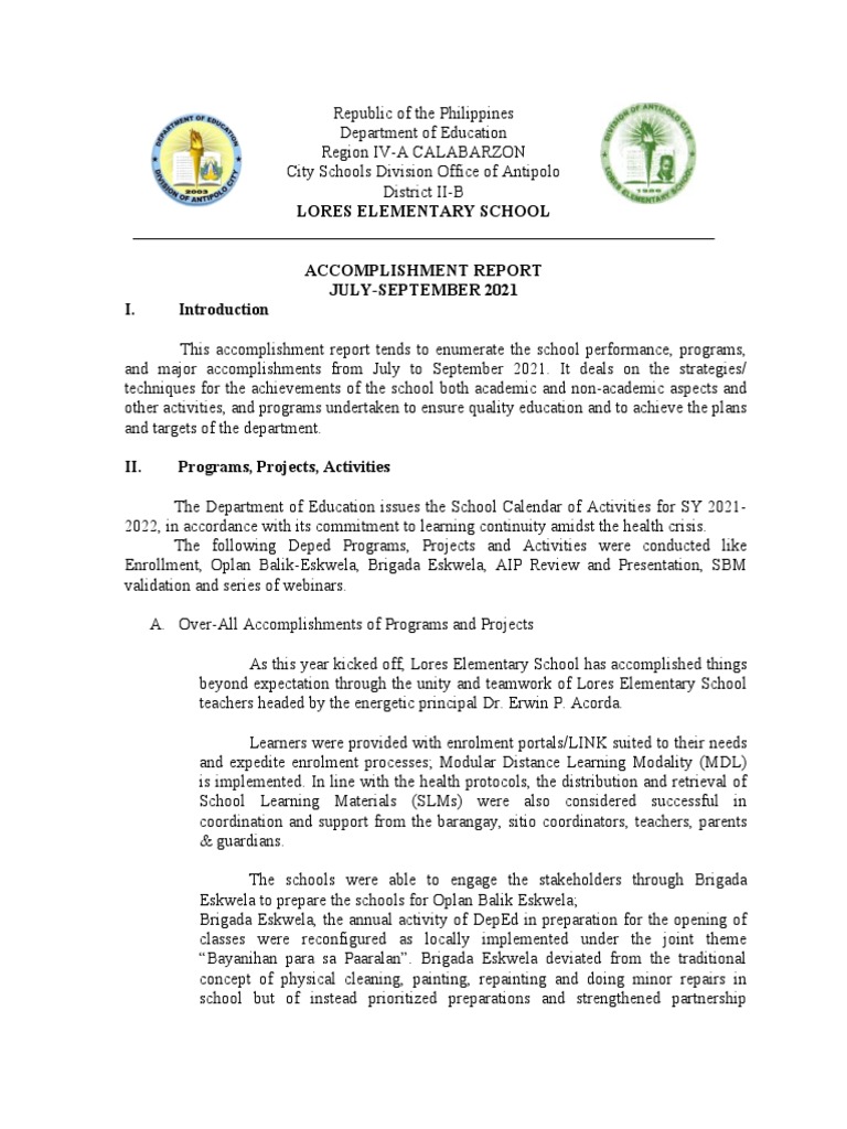 Lores Elementary School Accomplishment Report July-September 2021 I | PDF