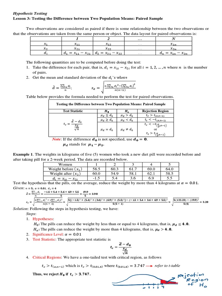Lesson 3 - Paired Observations | PDF | Statistical Hypothesis Testing ...