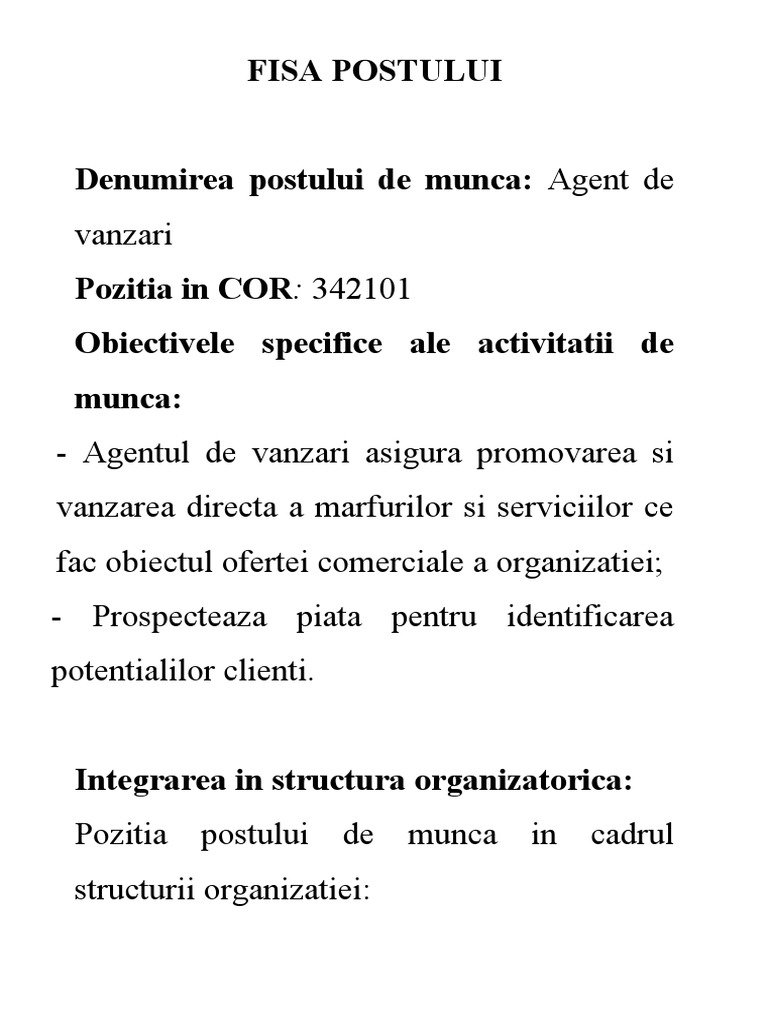 Fisa Post Agent Vanzar | PDF