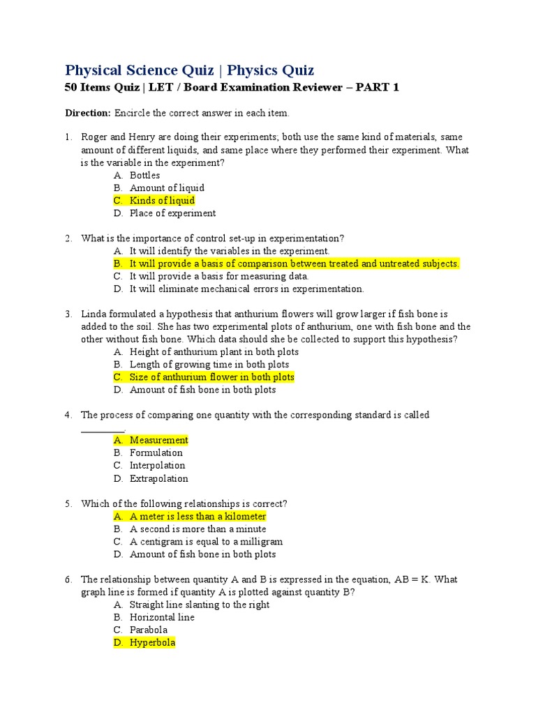 Physical Science Quiz Questions | PDF | Gases | Rock (Geology)