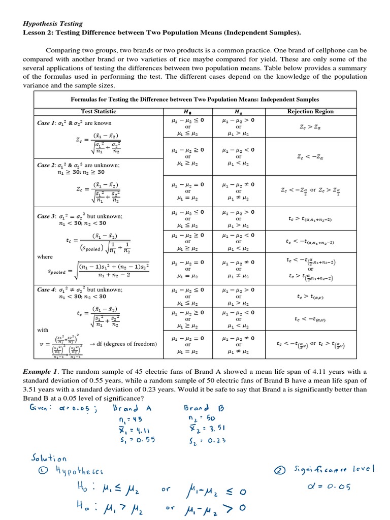 Lesson 2 - Testing The Difference Between To Population Means ...