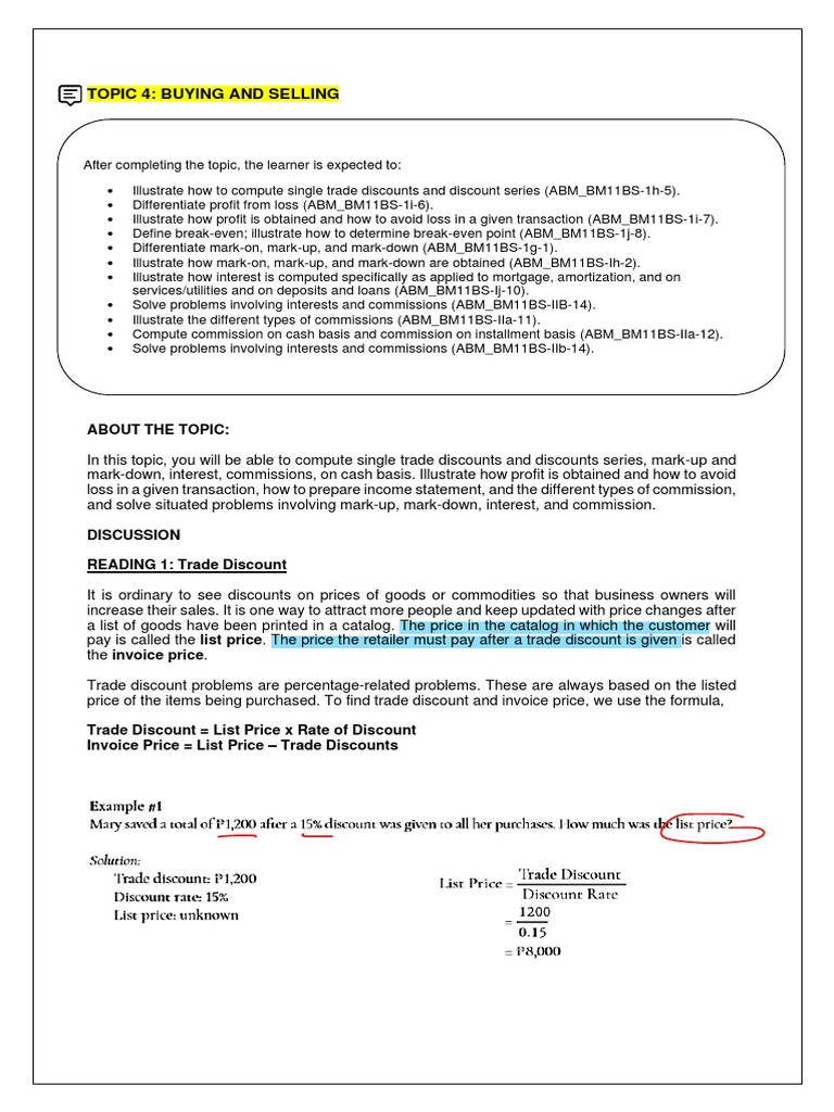 Business Math - Buying and Selling | PDF