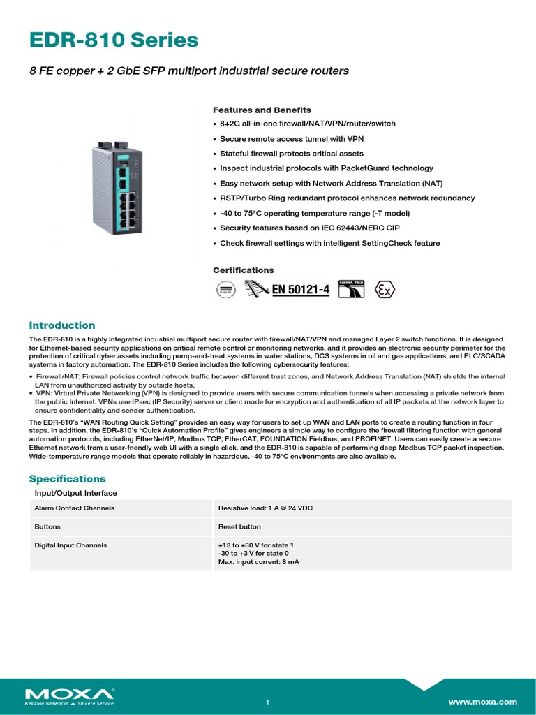 Edr-810 Series: 8 Fe Copper + 2 Gbe SFP Multiport Industrial Secure ...