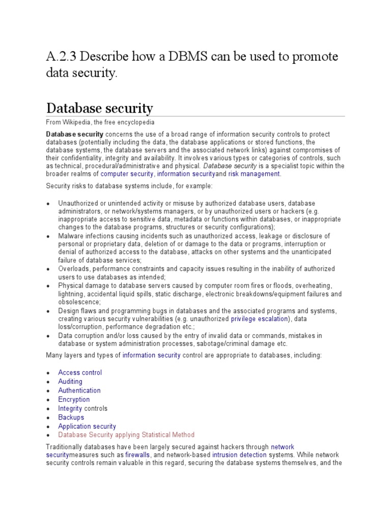 A.2.3 Describe How A DBMS Can Be Used To Promote Data Security. Database Security | PDF ...