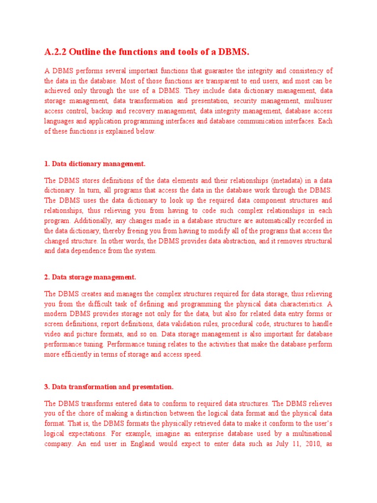 A.2.2 Outline The Functions and Tools of A DBMS.: 1. Data Dictionary Management | PDF ...