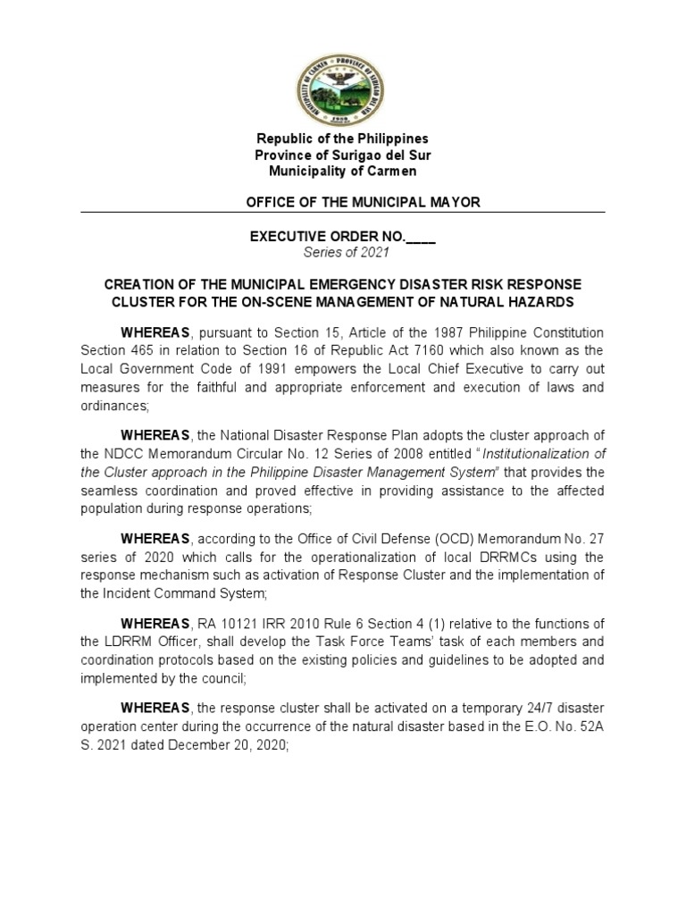 Creation of Municipal Emergency Disaster Response Cluster | PDF ...
