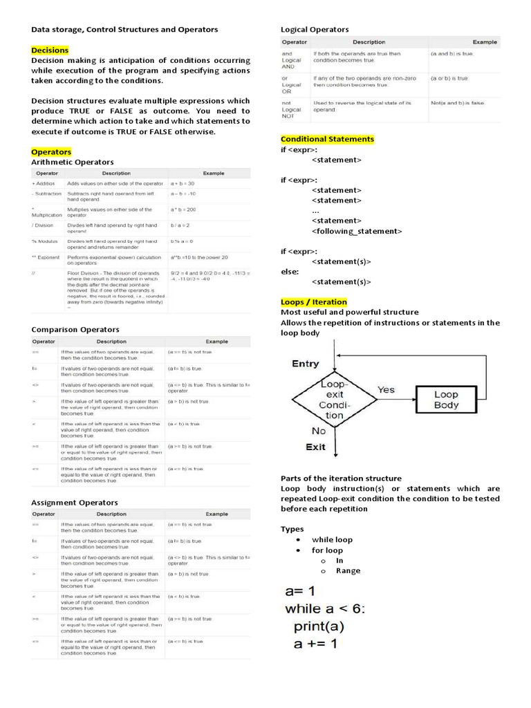 Data Storage, Control Structures and Operators Decisions | PDF ...