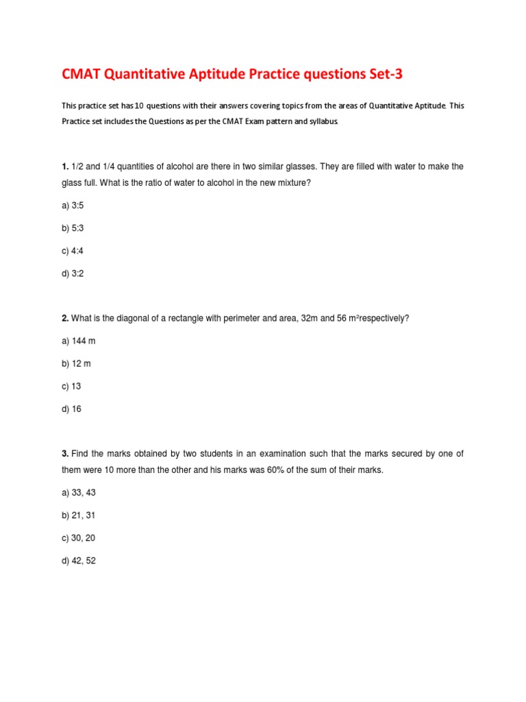 CMAT Quantitative Aptitude Practice Questions Set 3 | PDF