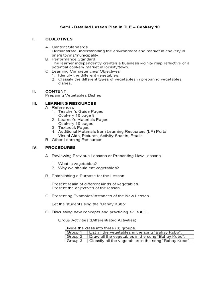 Semi - Detailed Lesson Plan in TLE - Cookery 10 I. Objectives | PDF ...