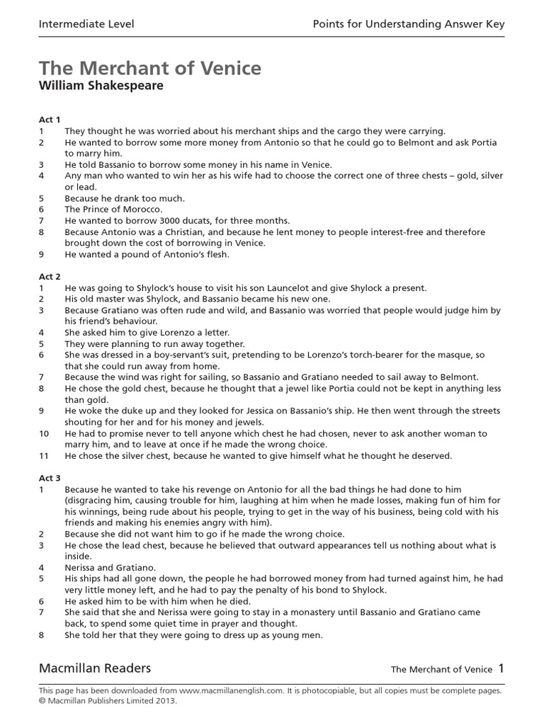 The Merchant of Venice Points For Understanding Answer Key | PDF | The ...