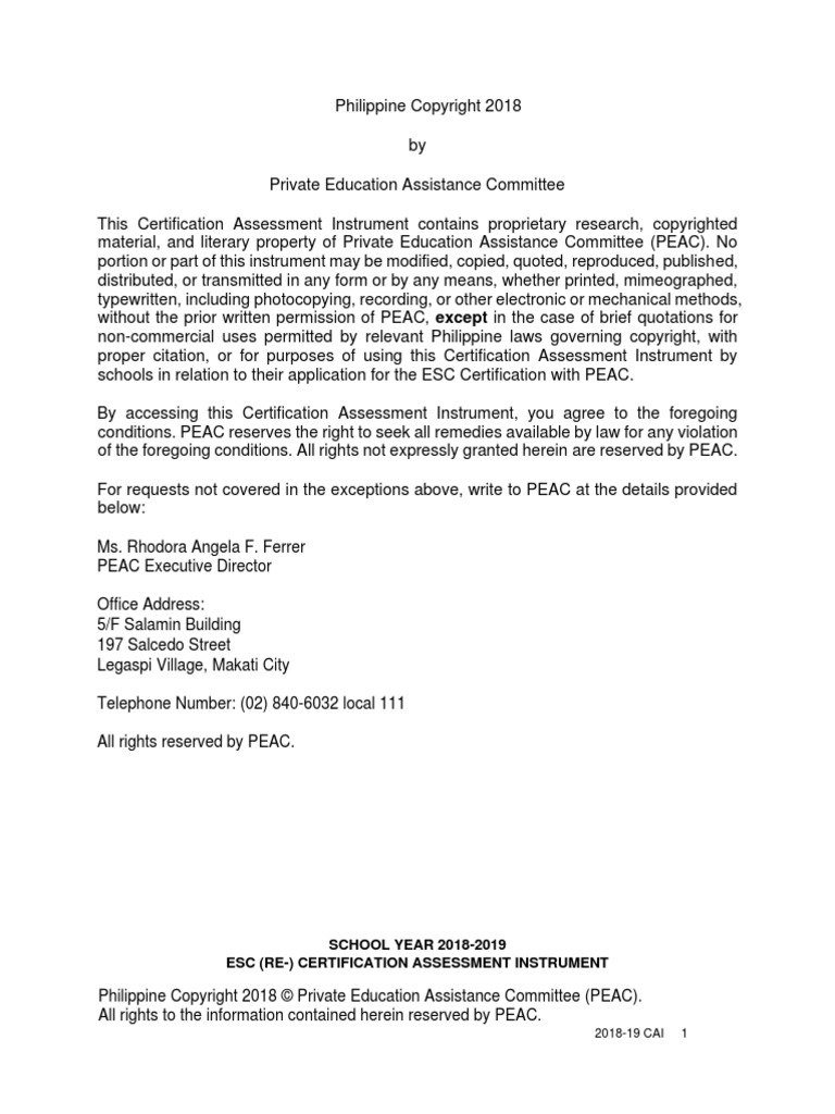 SCHOOL YEAR 2018-2019 Esc (Re-) Certification Assessment Instrument ...