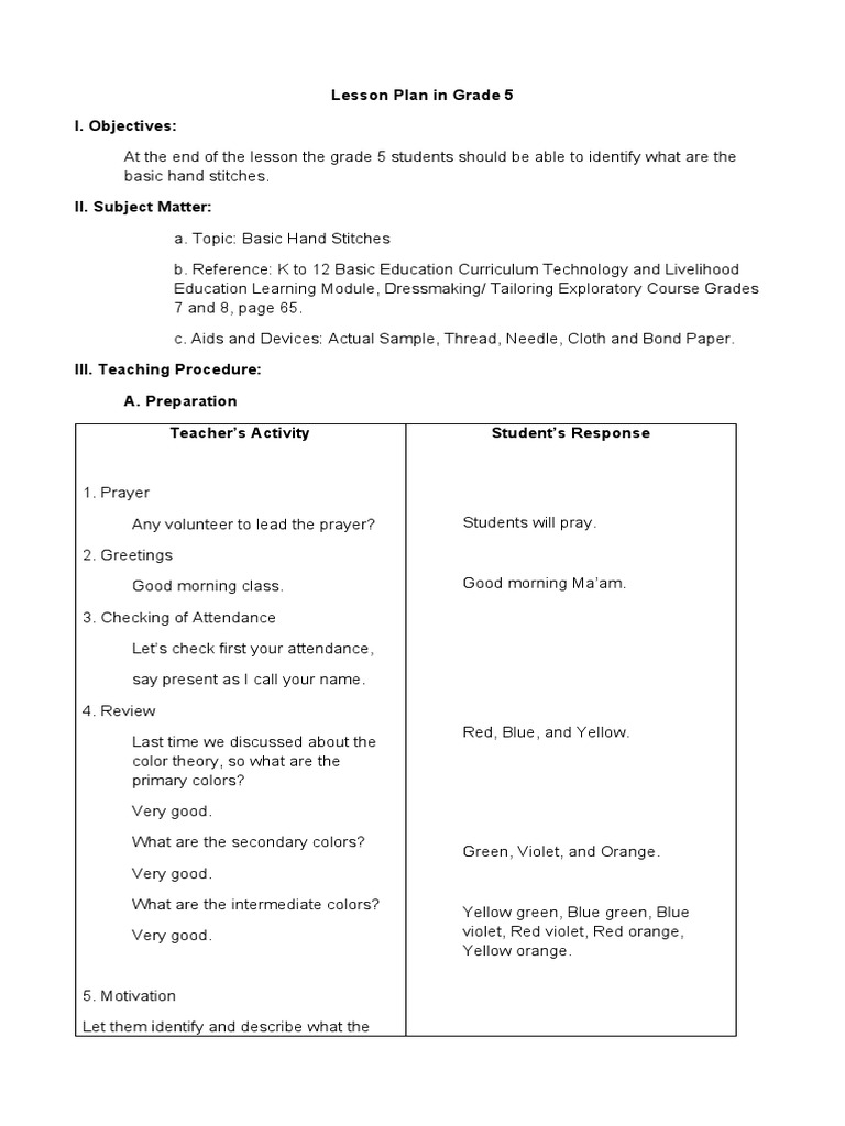 ICS Lesson Plan | PDF | Seam (Sewing) | Textile Arts