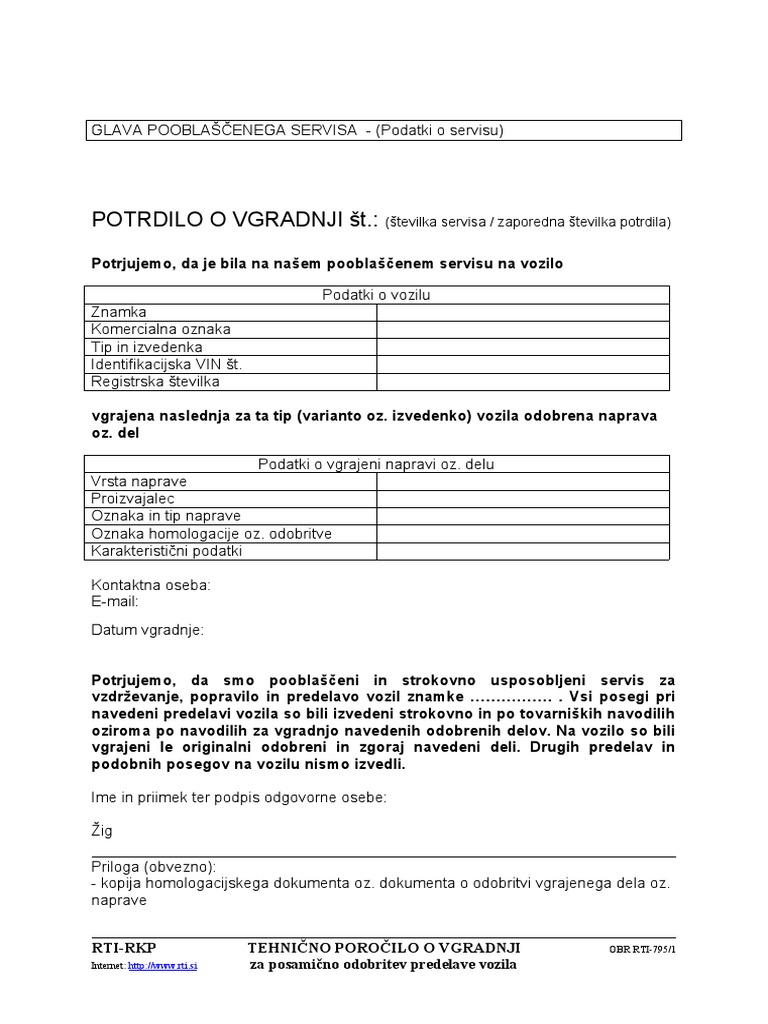 Potrdilo O Vgradnji ŠT.:: (Številka Servisa / Zaporedna Številka ...