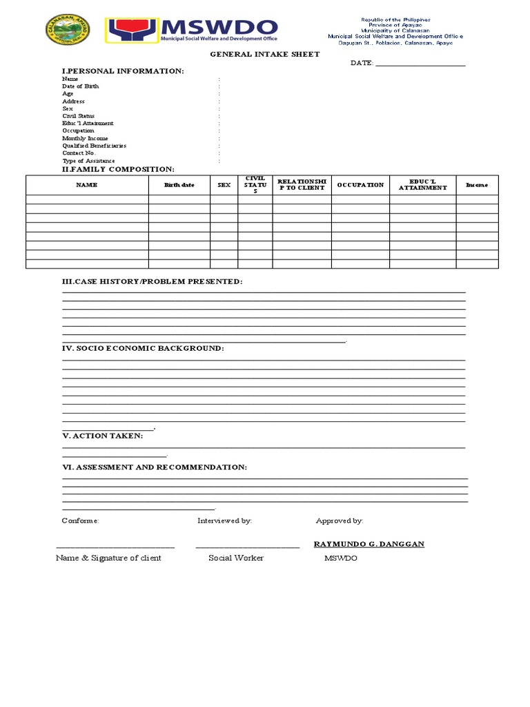 General Intake Sheet (Blank) | PDF