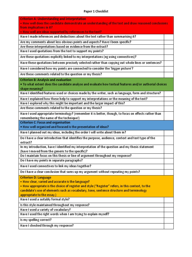 Paper 1 Checklist | PDF | Argument | Essays