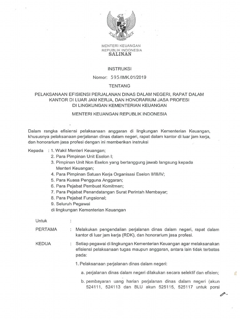 IMK - 595 - IMK.01 - 2019 TTG Pelaksanaan Efisiensi Perjadin DN, RDK, Dan Honorarium Jasa ...