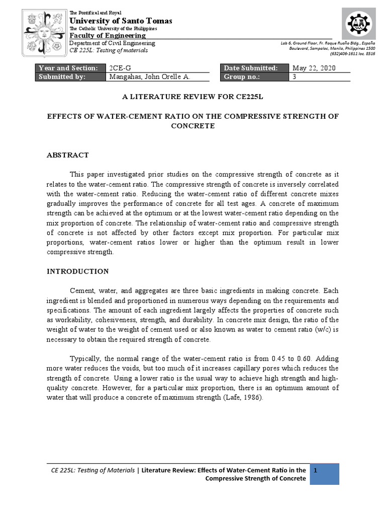 Effects of Water-Cement Ratio On The Compressive Strength of Concrete ...
