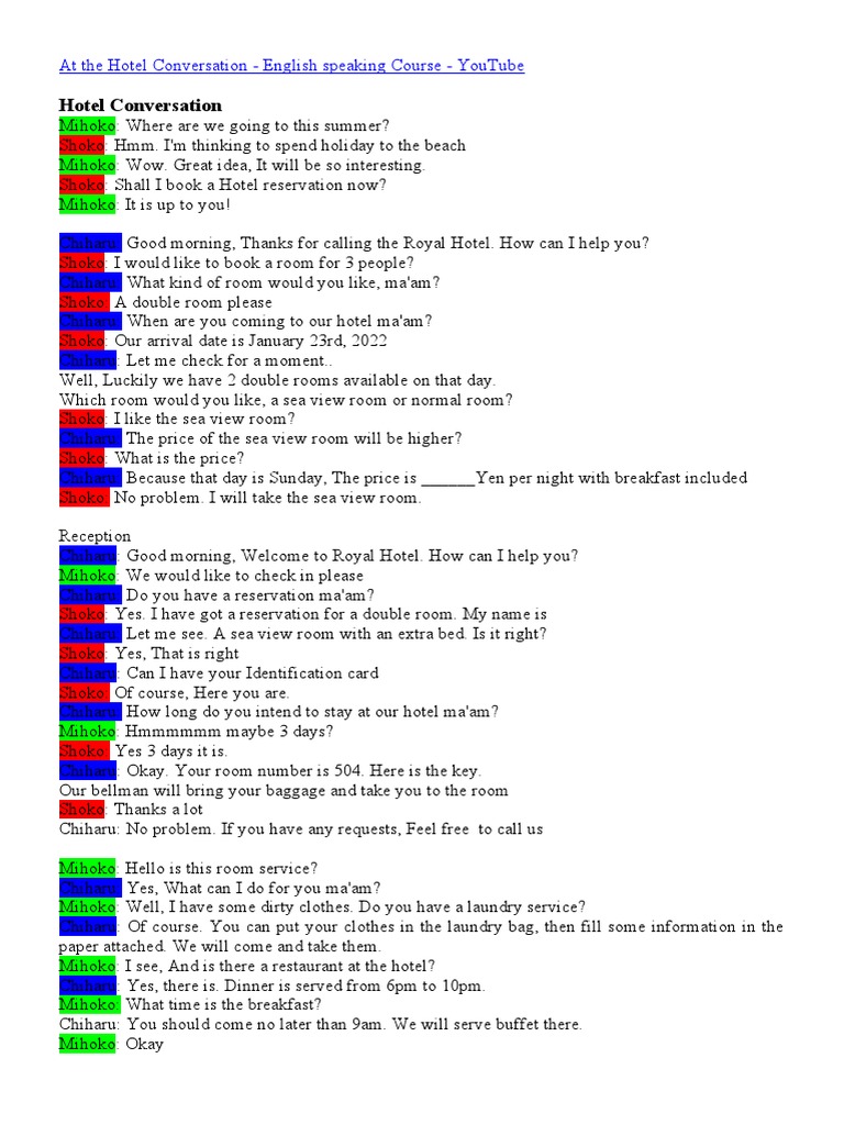 Hotel Conversation: at The Hotel Conversation - English Speaking Course ...