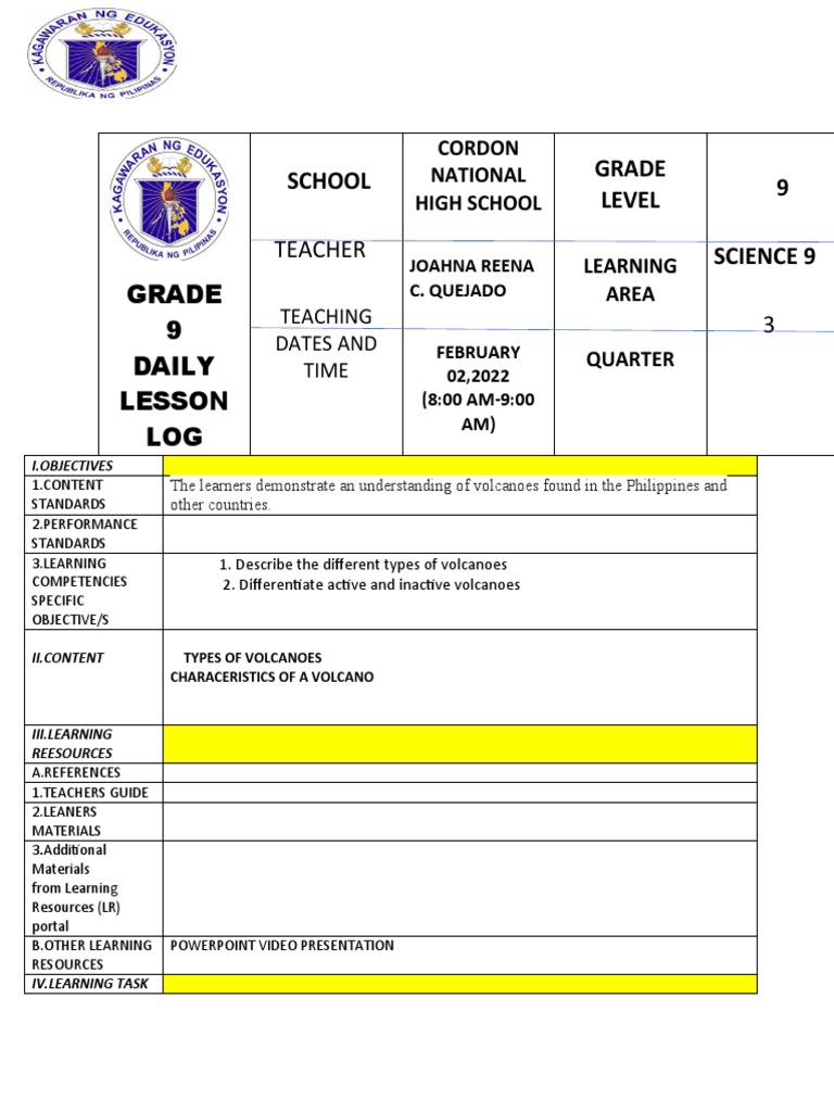 Grade 9 Science: Volcanoes Lesson Plan | PDF | Volcano | Types Of ...