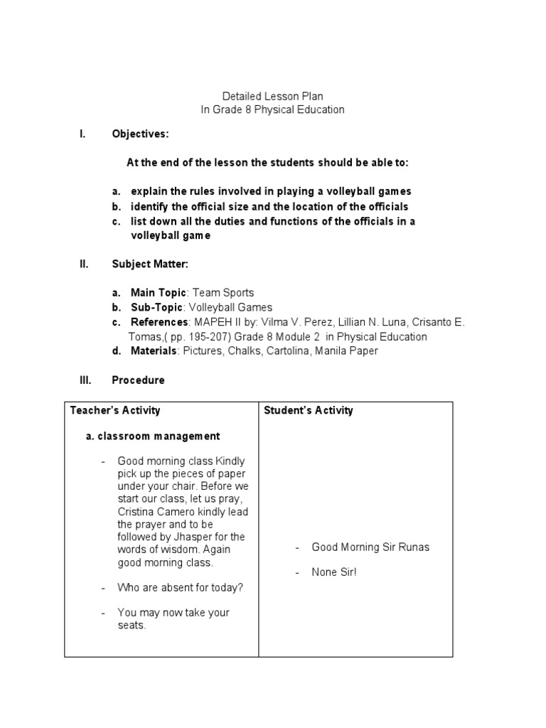 Detailed Lesson Plan in Grade 8 Physical | PDF | Referee | Volleyball