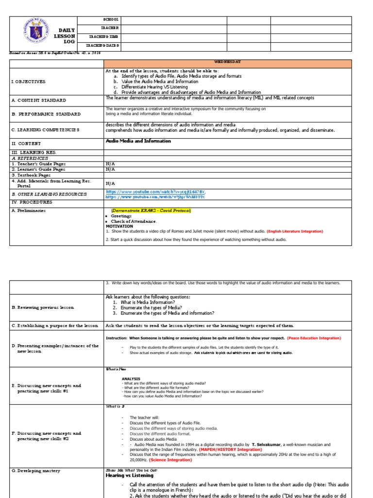 Cot - Lesson Plan Audio 20 | PDF | Learning | Sound