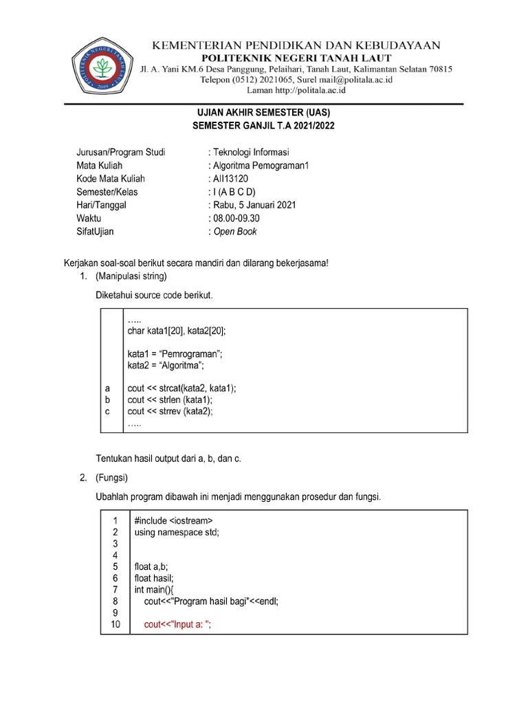 Soal Uas Alpro 1 2021 - 2022 (Protek) | PDF