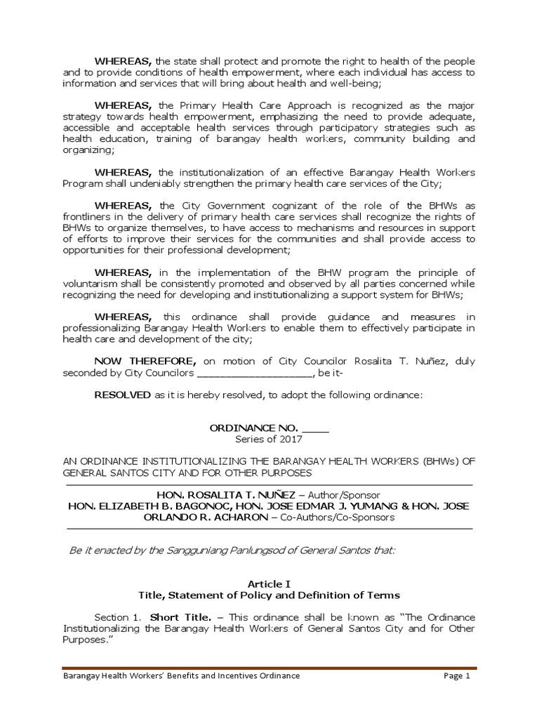 Barangay Health Workers' Benefits and Incentives Ordinance | PDF ...