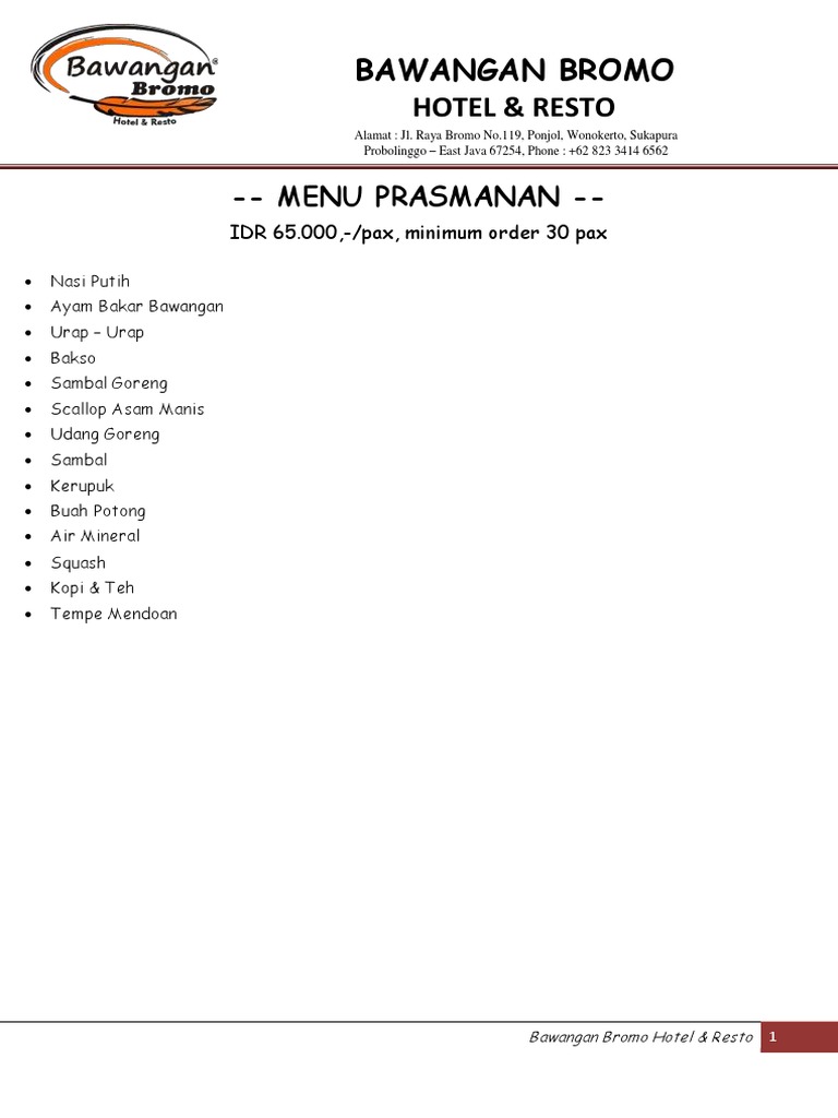 Menu Prasmanan Bawangan Bromo Hotel & Resto 2type | PDF